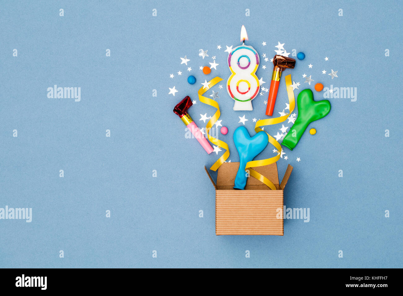 Number 8 celebration present background. Gift box exploding with party ...