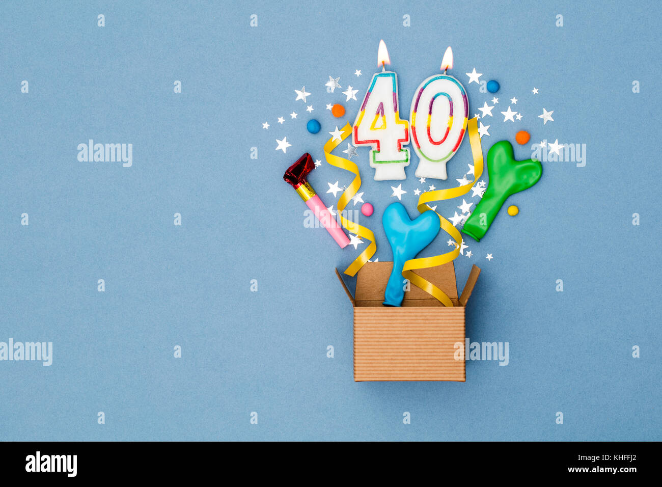 Number 40 celebration present background. Gift box exploding with party ...