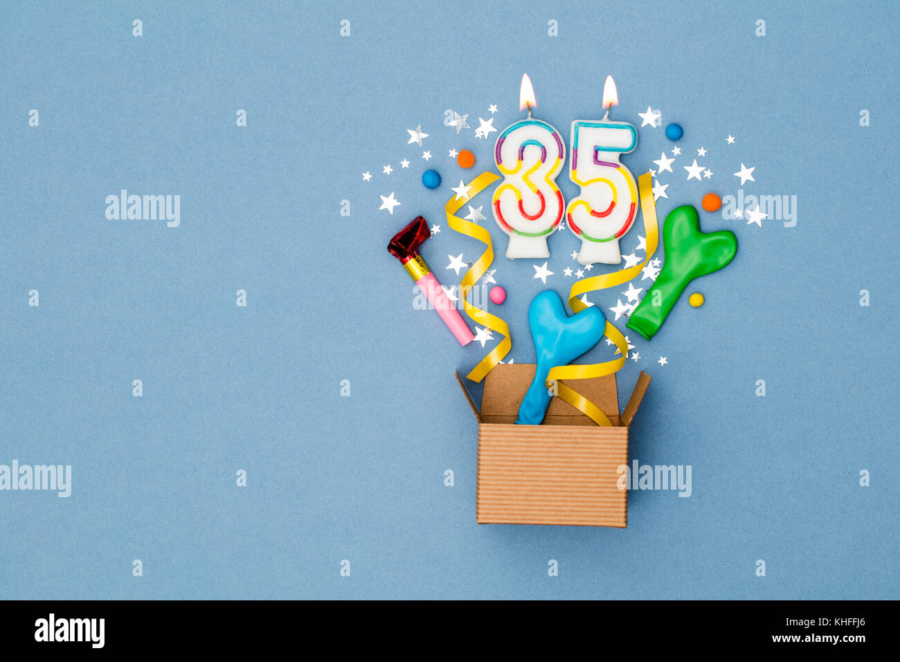 Number 35 celebration present background. Gift box exploding with party ...