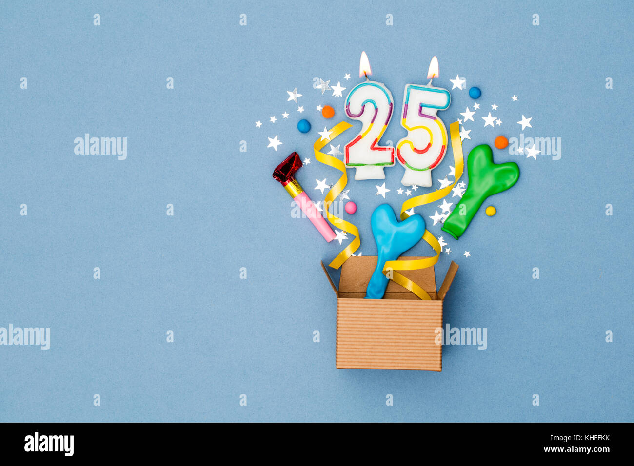 Number 25 celebration present background. Gift box exploding with party ...
