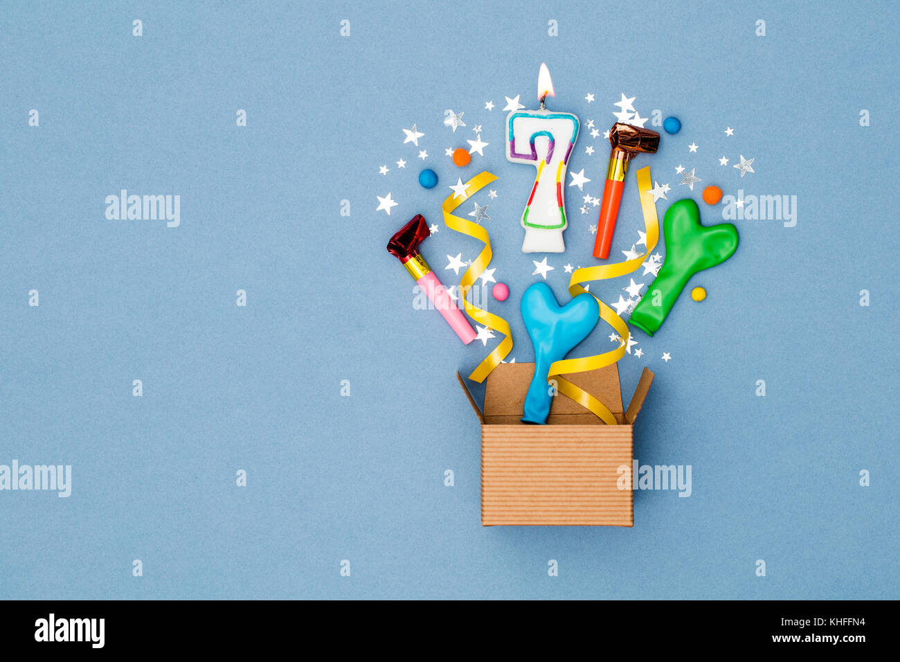 Number 7 celebration present background. Gift box exploding with party ...
