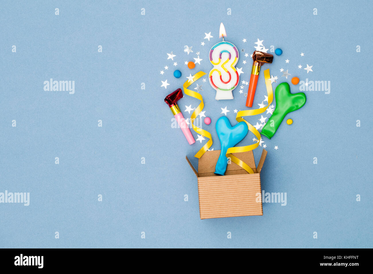 Number 3 celebration present background. Gift box exploding with party ...
