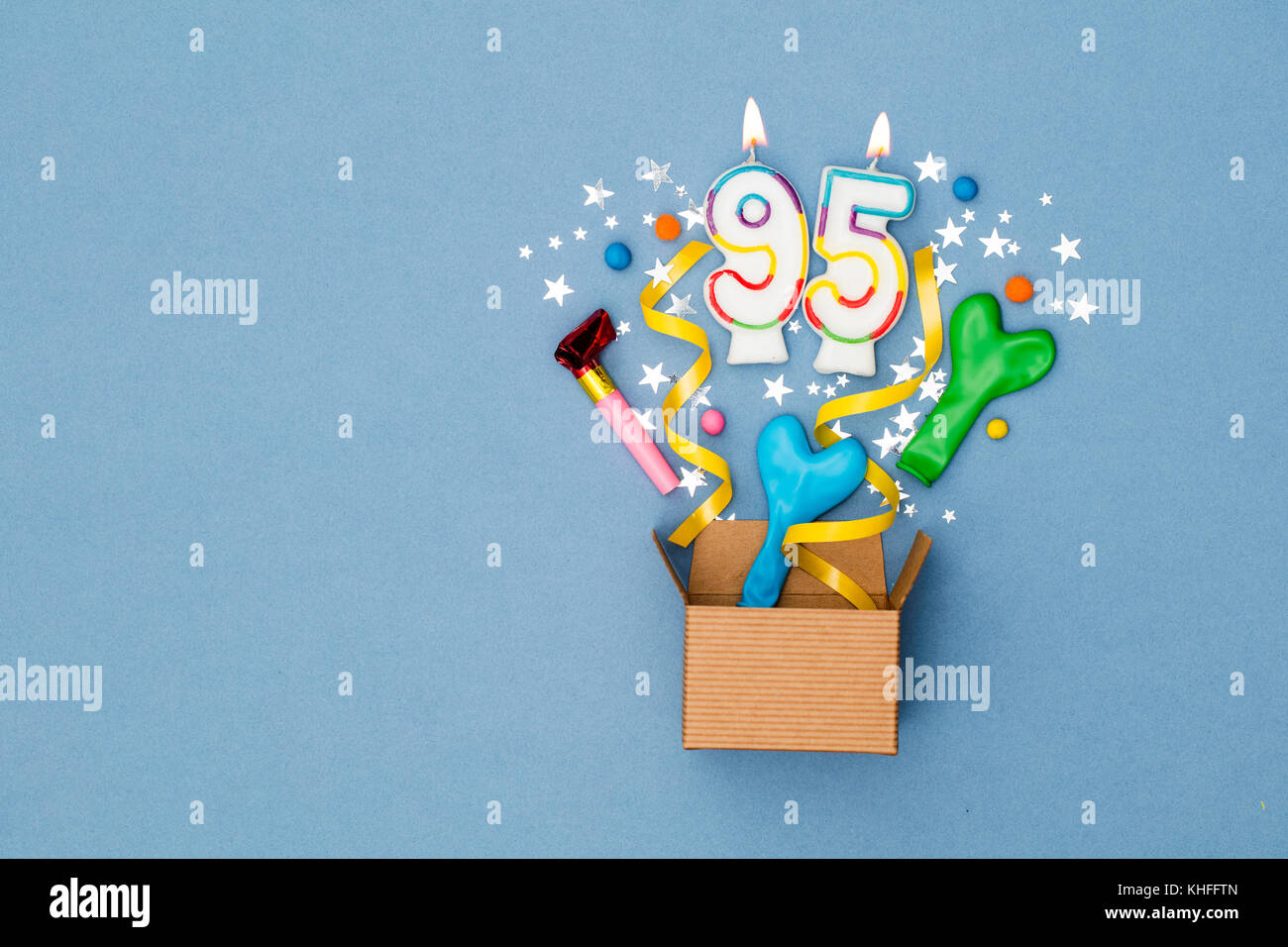 Number 95 celebration present background. Gift box exploding with party ...