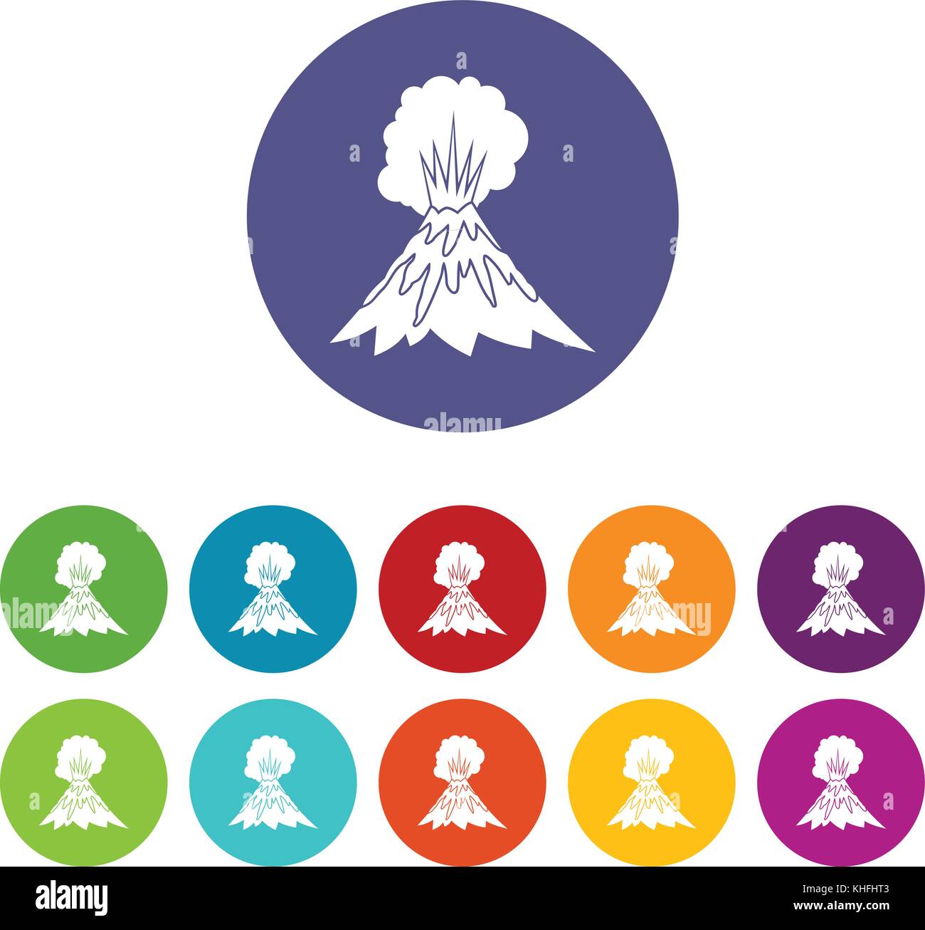 Volcano erupting set icons in different colors isolated on white ...