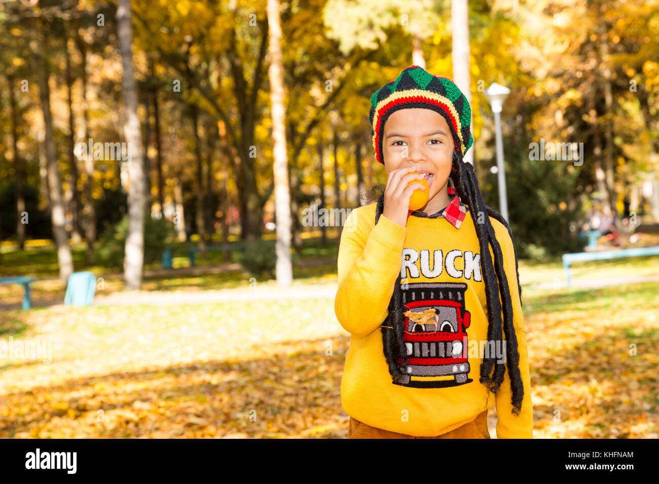 Autumn portrait of beautiful child. Happy little boy with leaves in the ...