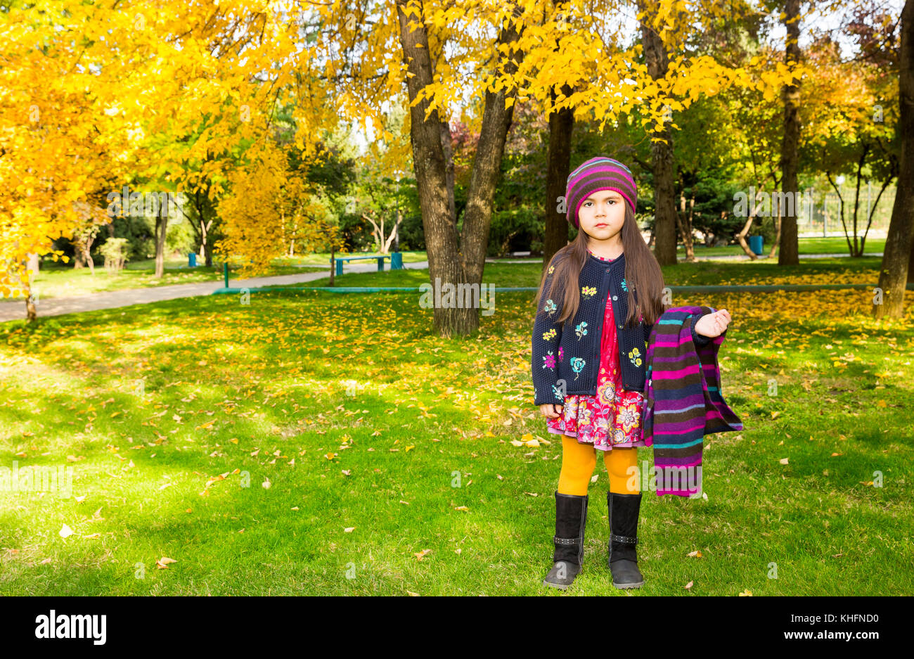Autumn portrait of beautiful child. Happy little girl with leaves in ...