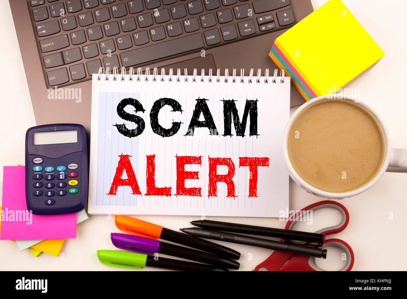 Scam Alert writing text made in the office close-up on laptop computer ...