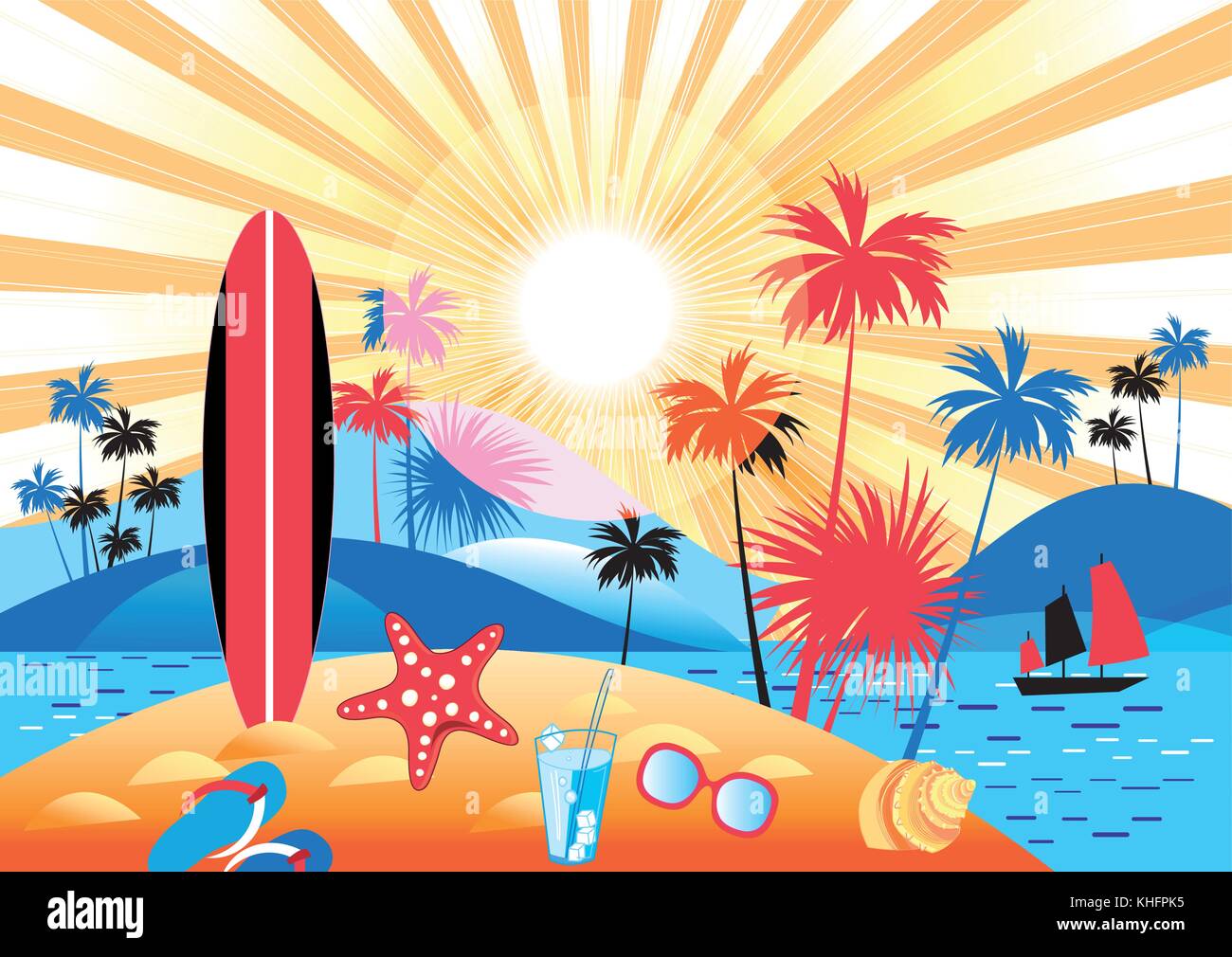 Bright summer color landscape with palm trees and beach on a sunny ...