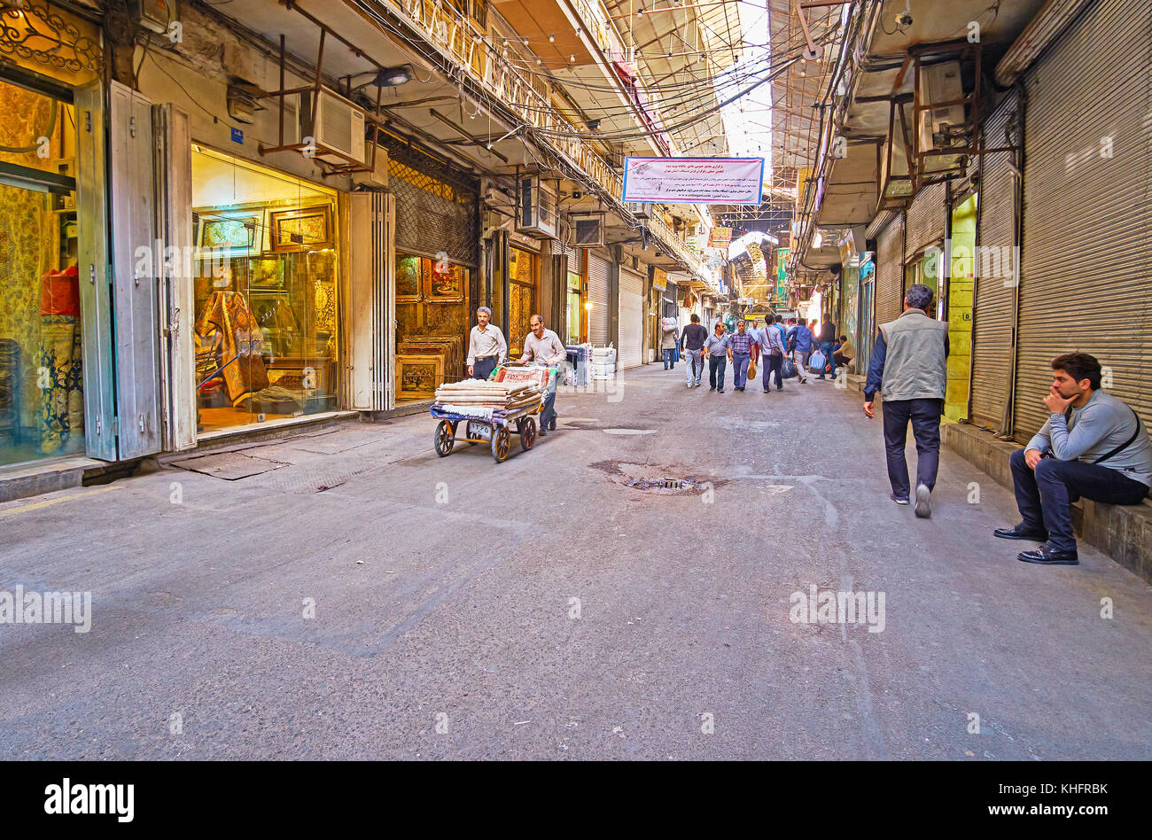 TEHRAN, IRAN - OCTOBER 11, 2017: The wide street of Grand Bazaar with a ...