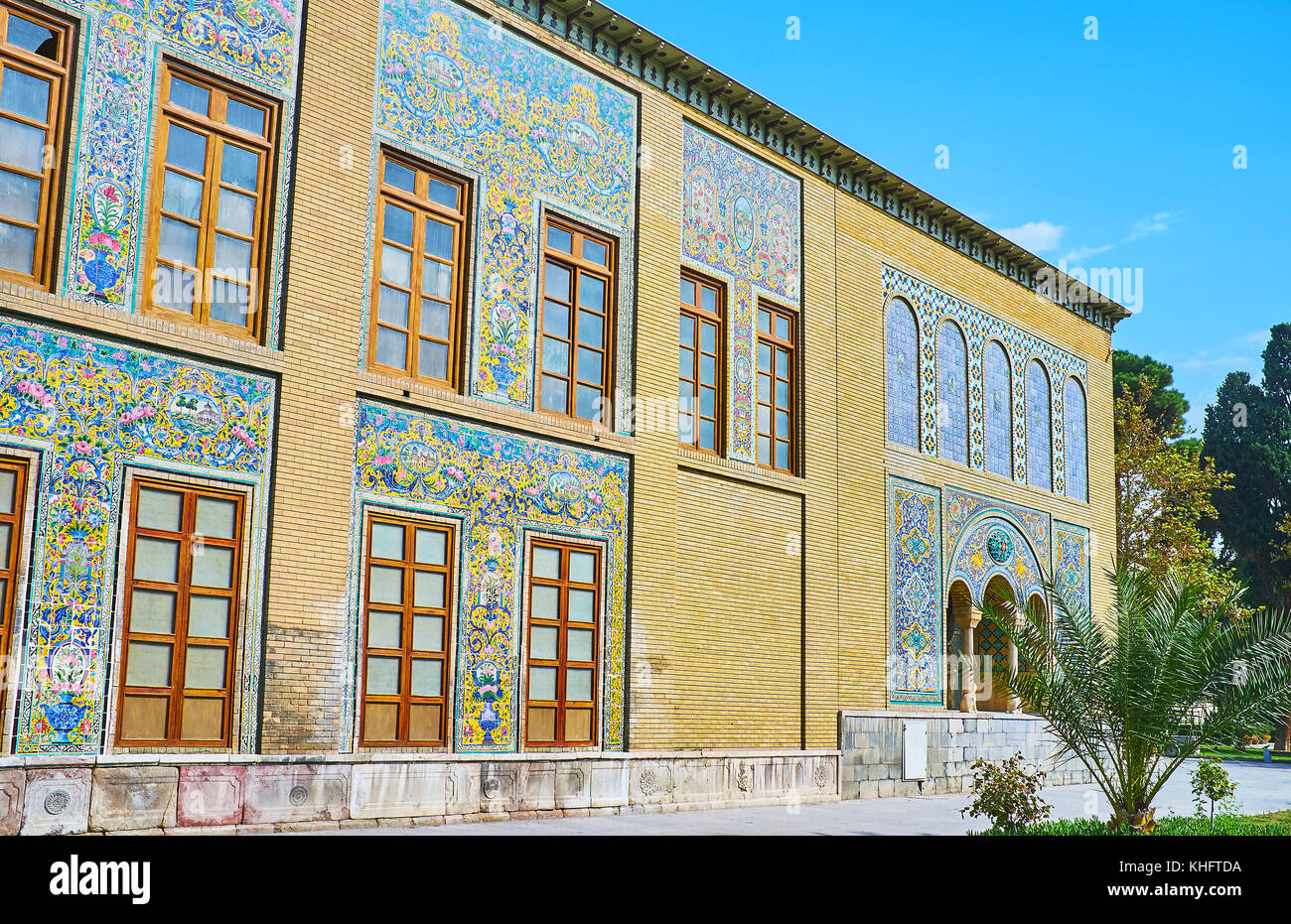 The wall of Golestan Palace with scenic Persian patterns, covering the ...