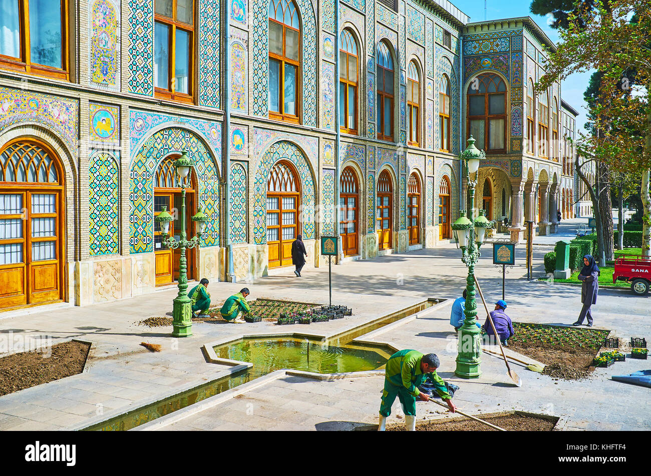TEHRAN, IRAN - OCTOBER 11, 2017: The gardeners plant flower beds in ...