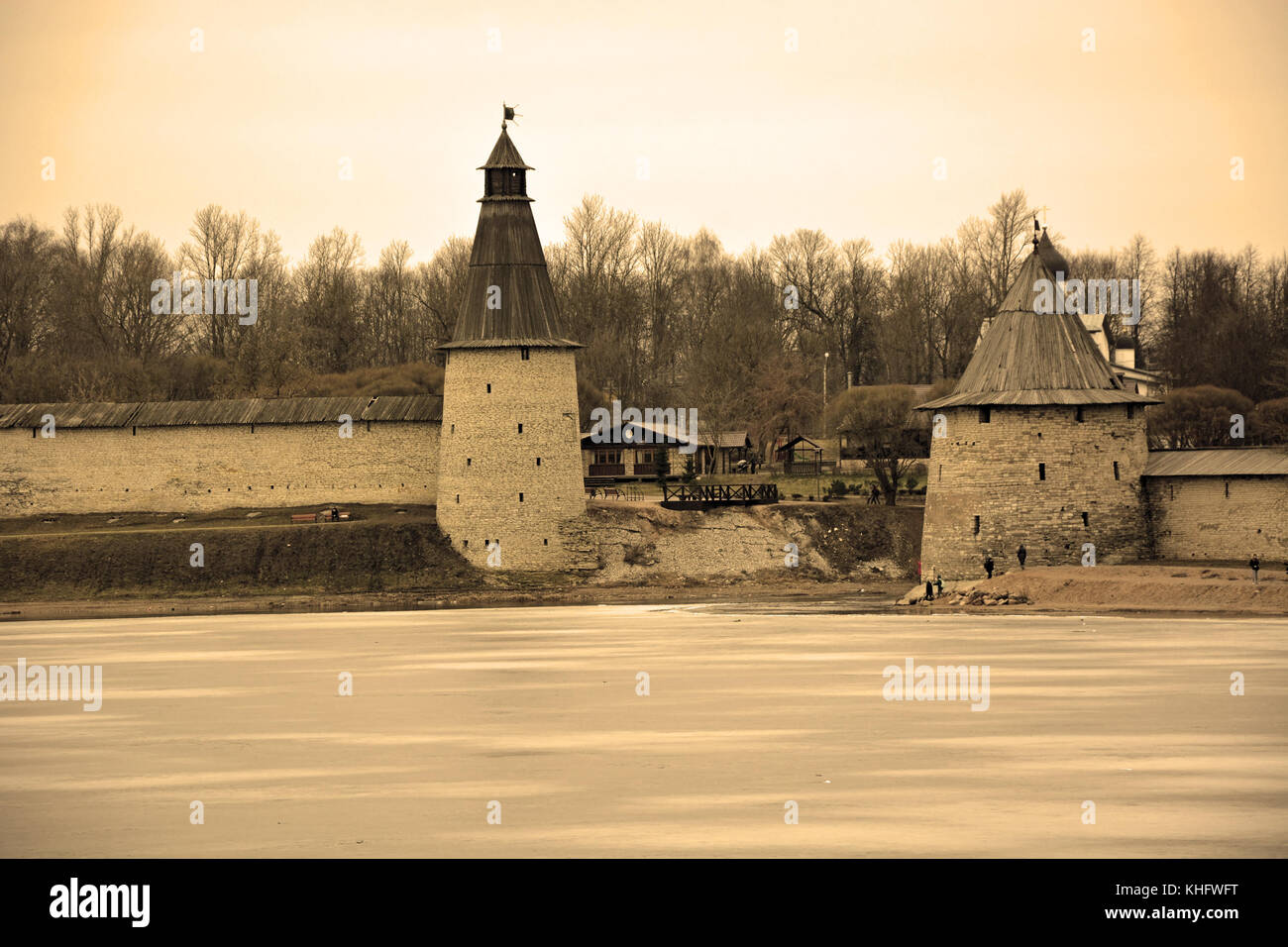 Pskov Krom from Velikaya river, sepia background Stock Photo - Alamy