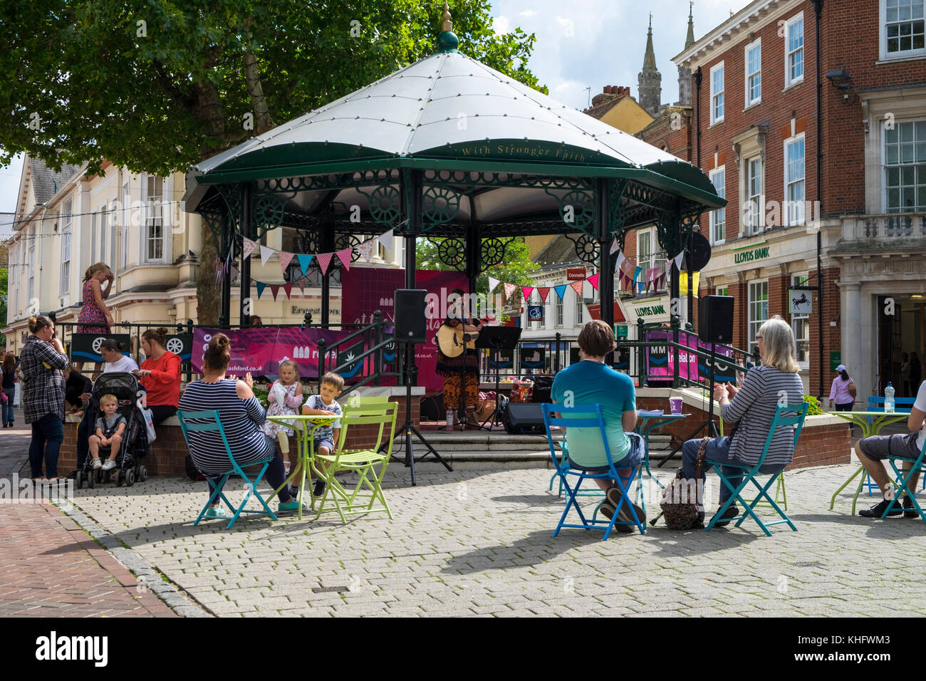 Ashford high street, town centre bandstand, bright and sunny day ...