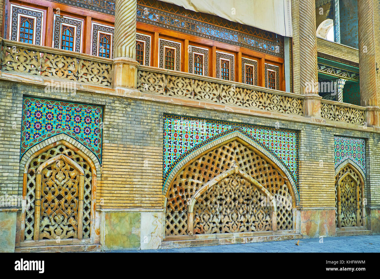 TEHRAN, IRAN - OCTOBER 11, 2017: Carved stone screens of facade windows ...
