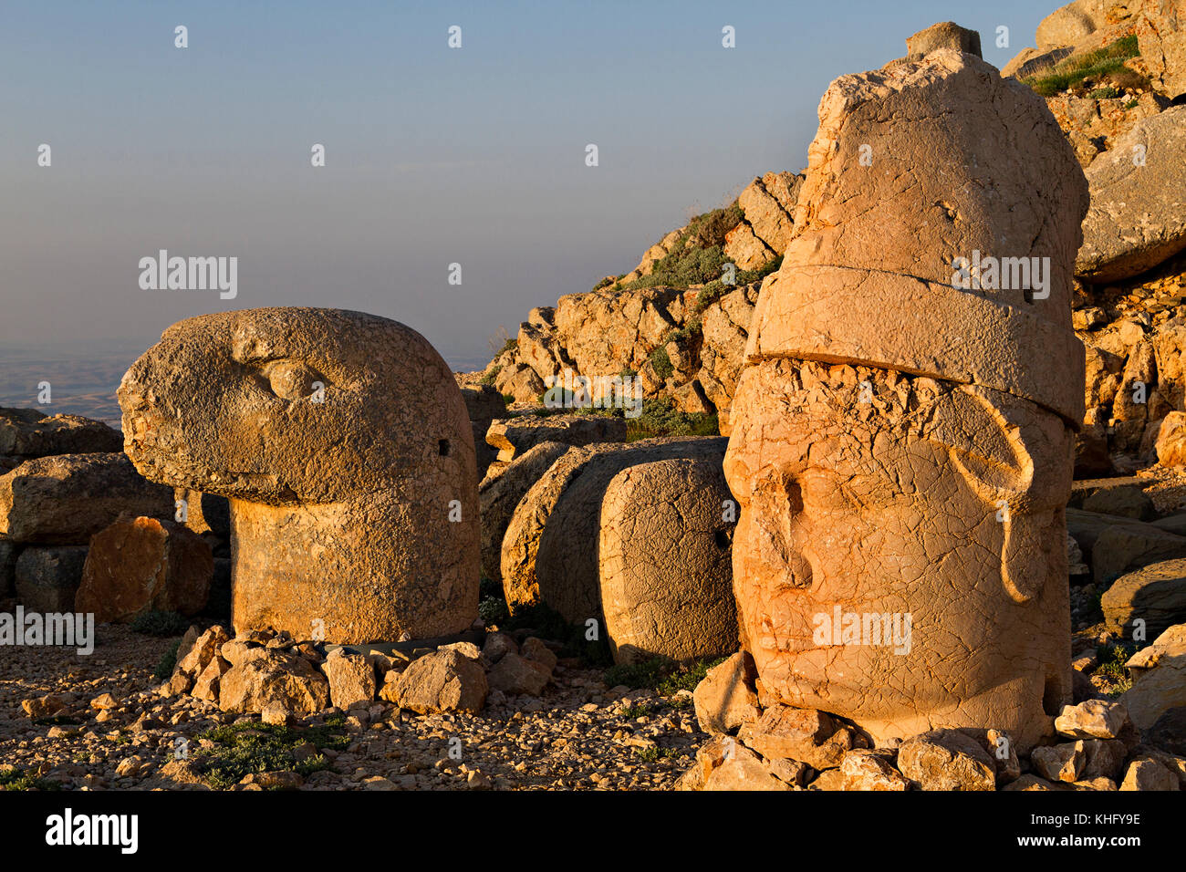 Statues on the Mt Nemrut at the sunrise in Adiyaman, Turkey Stock Photo ...