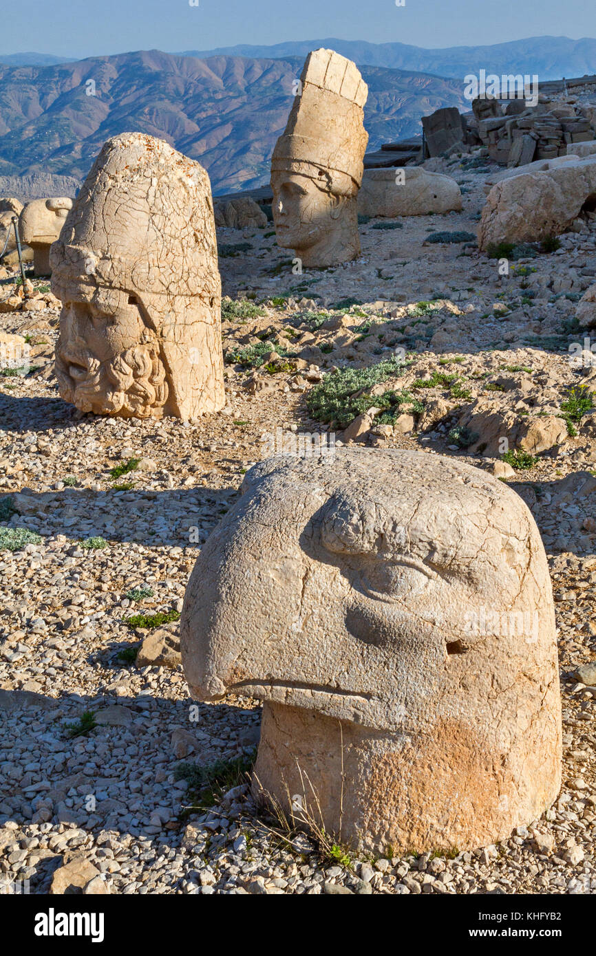 Statues on the Mt Nemrut at the sunrise in Adiyaman, Turkey Stock Photo ...