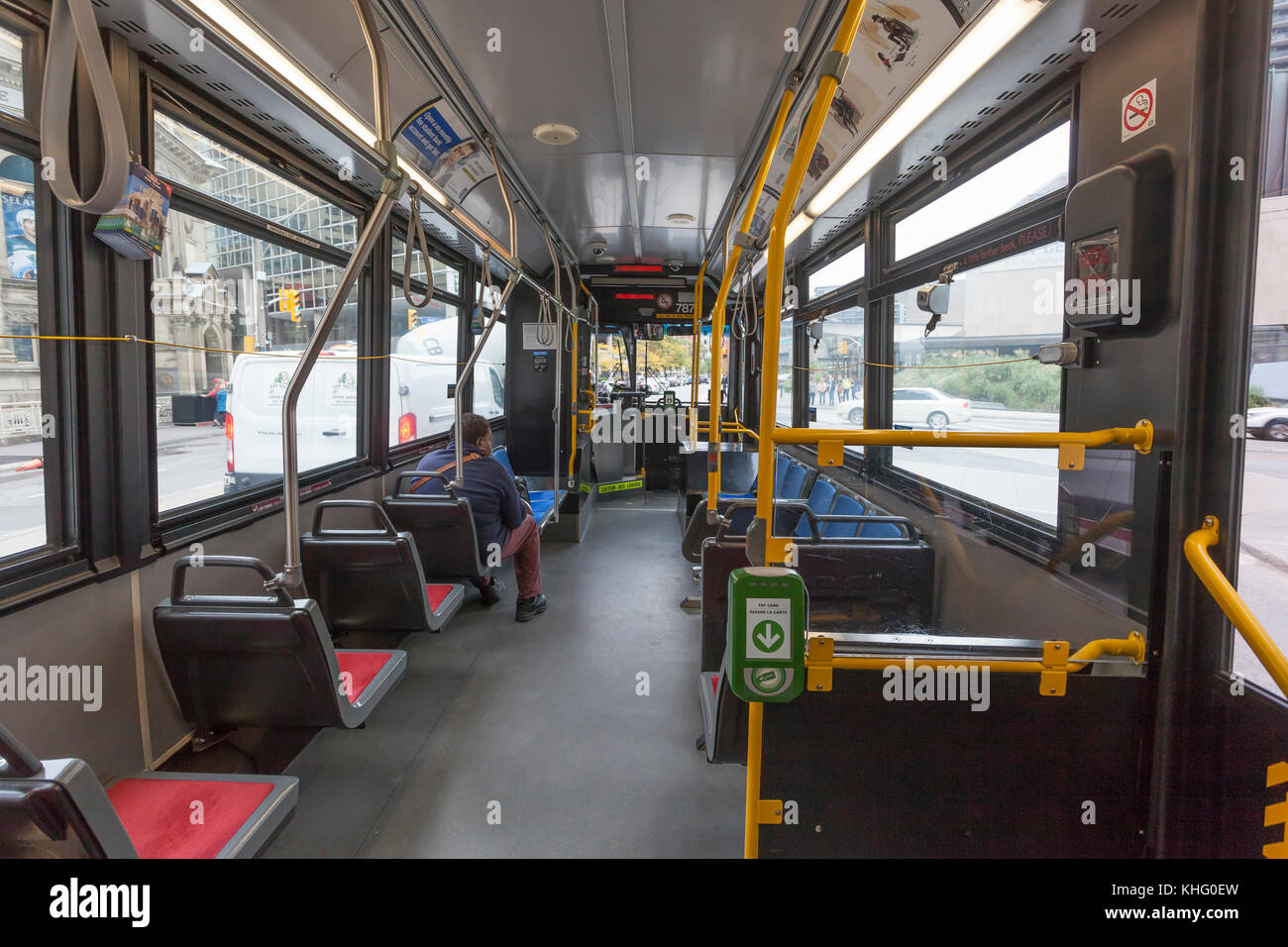 Toronto, Canada - Oct 13, 2017: Interior of an almost ampty public bus ...