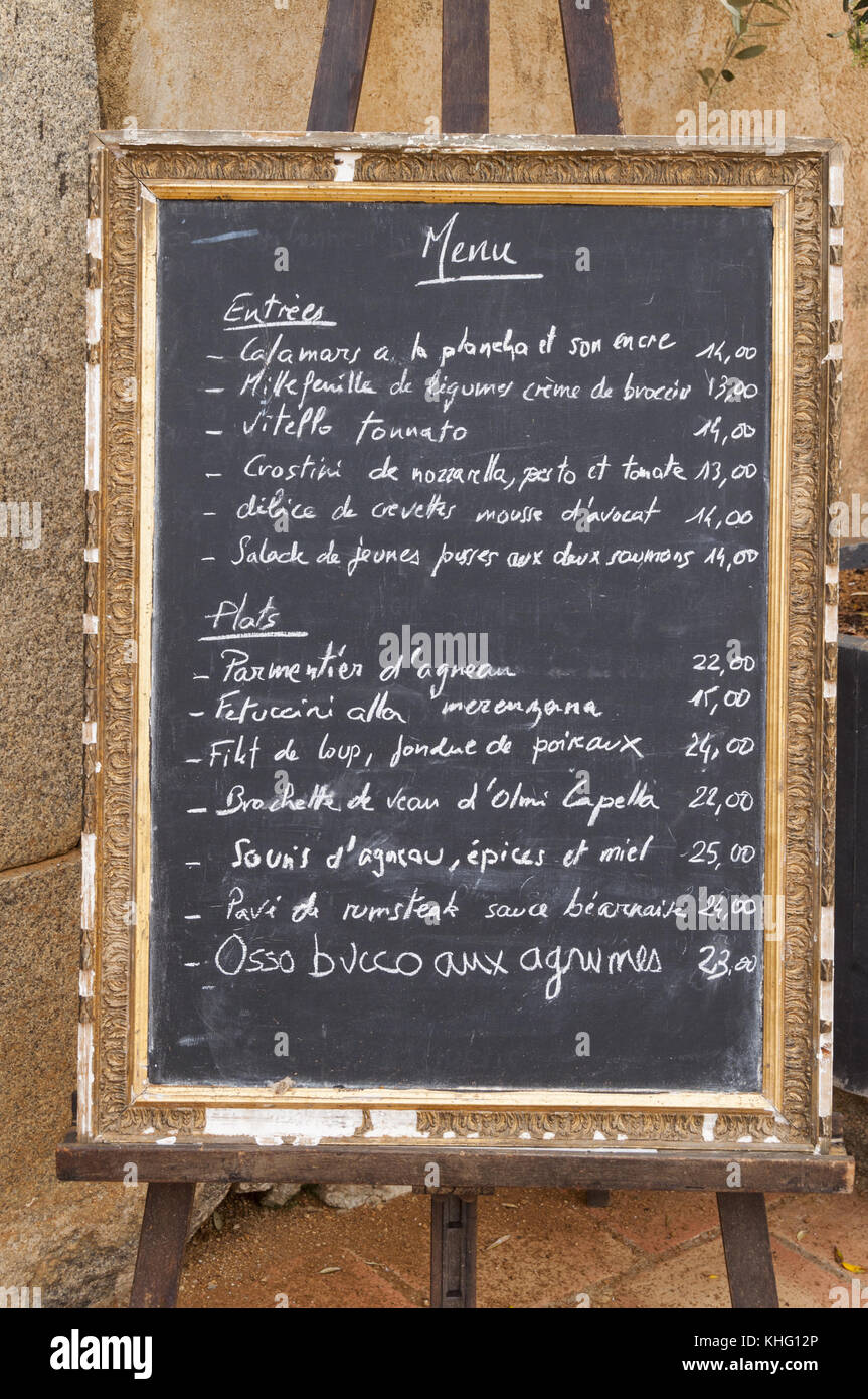 France, Corsica, Balagne, Pigna, Restaurant menu board Stock Photo - Alamy