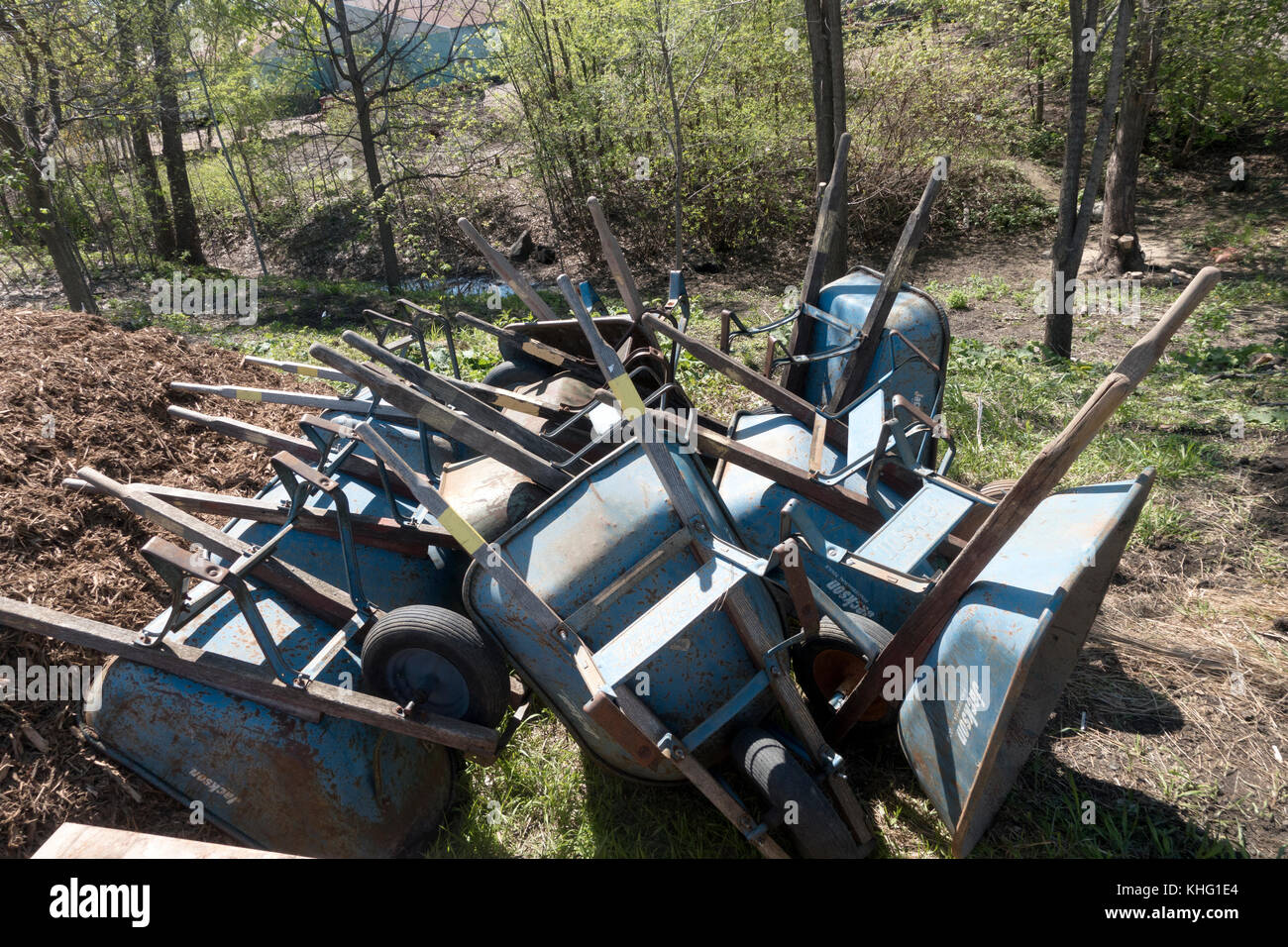 Large group of wheelbarrows used for landscaping a park alongside a ...