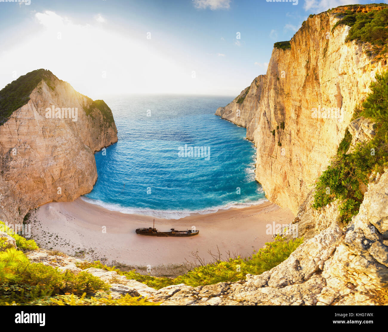 landscape of the beautiful beach with shipwreck in the island of Zante ...