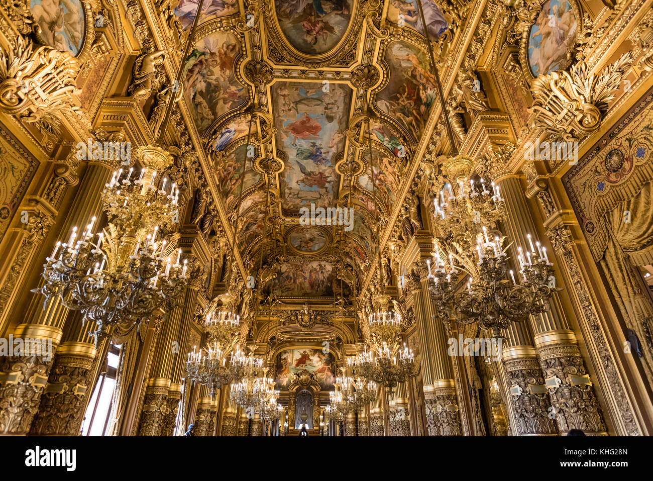 Ornate ceilings of the grand foyer of Palais Garnier, opera of Paris ...