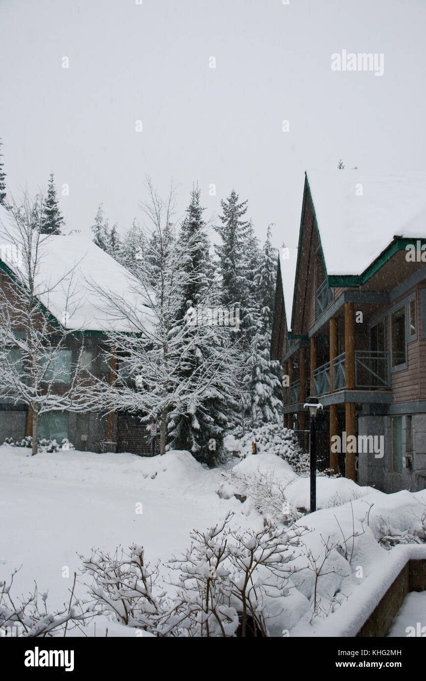 large wooden alpine building covered in fresh snow and surrounded by ...