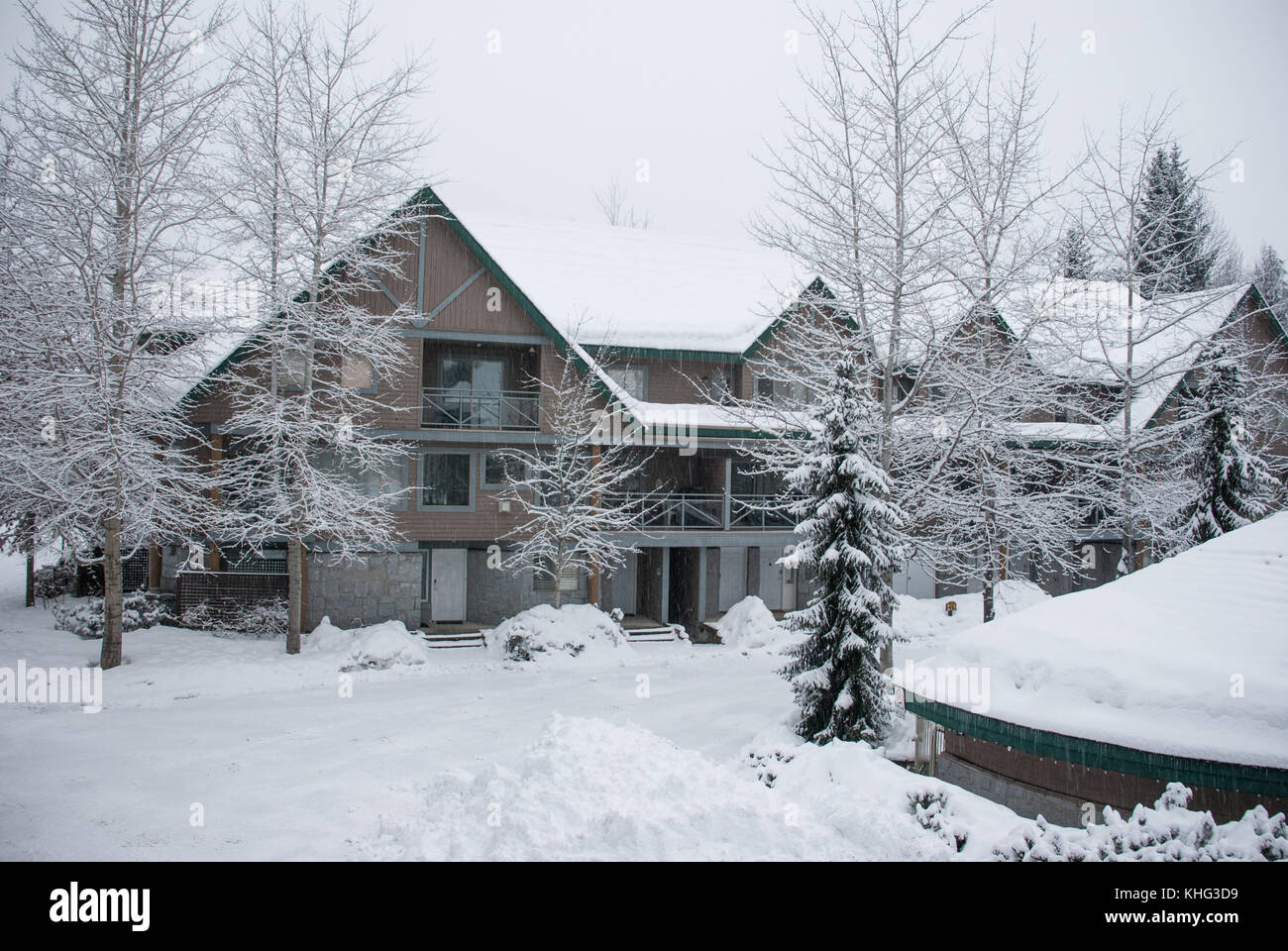 large wooden alpine building covered in fresh snow and surrounded by ...