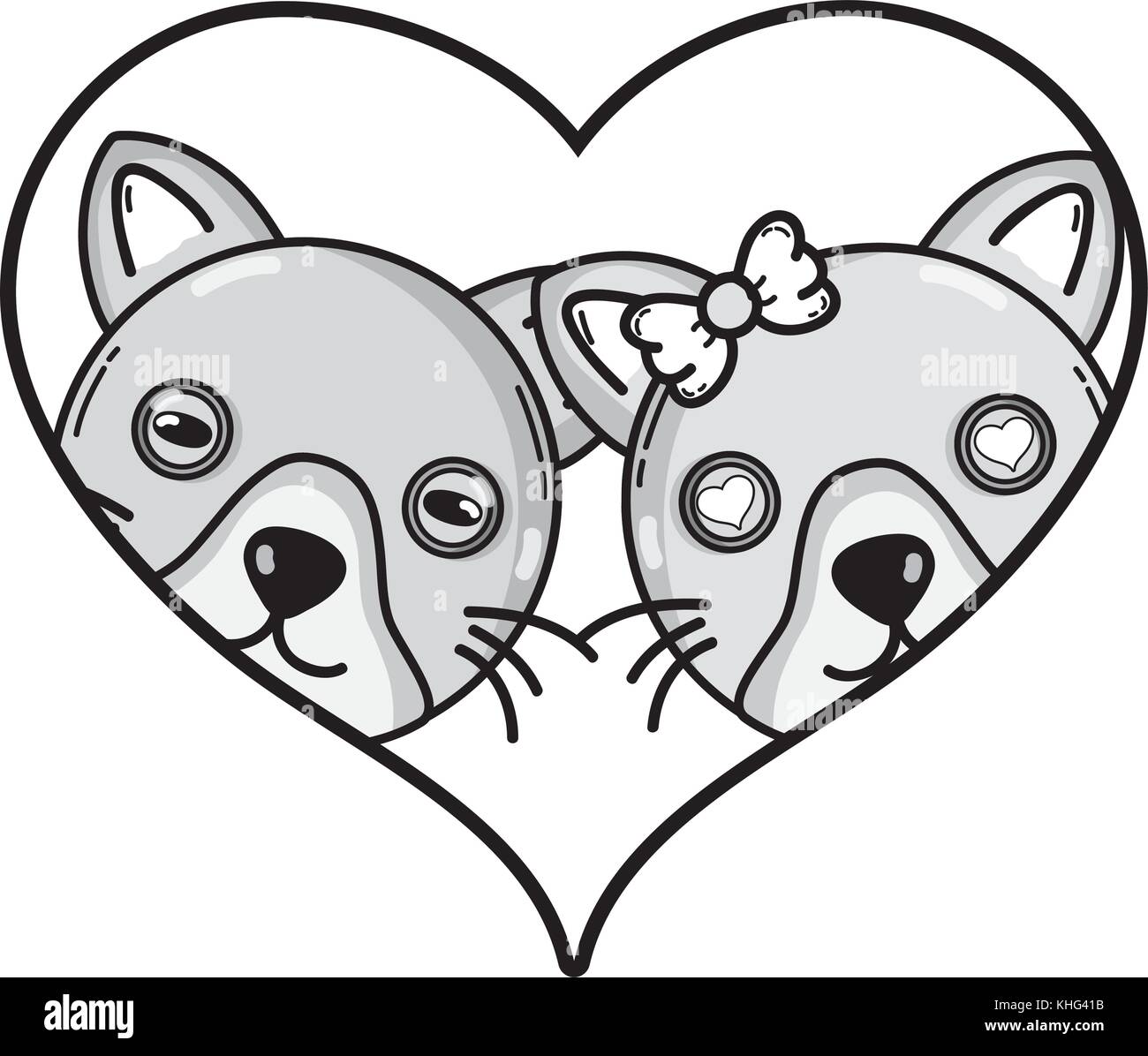 grayscale cute cat couple animal together inside the heart vector ...