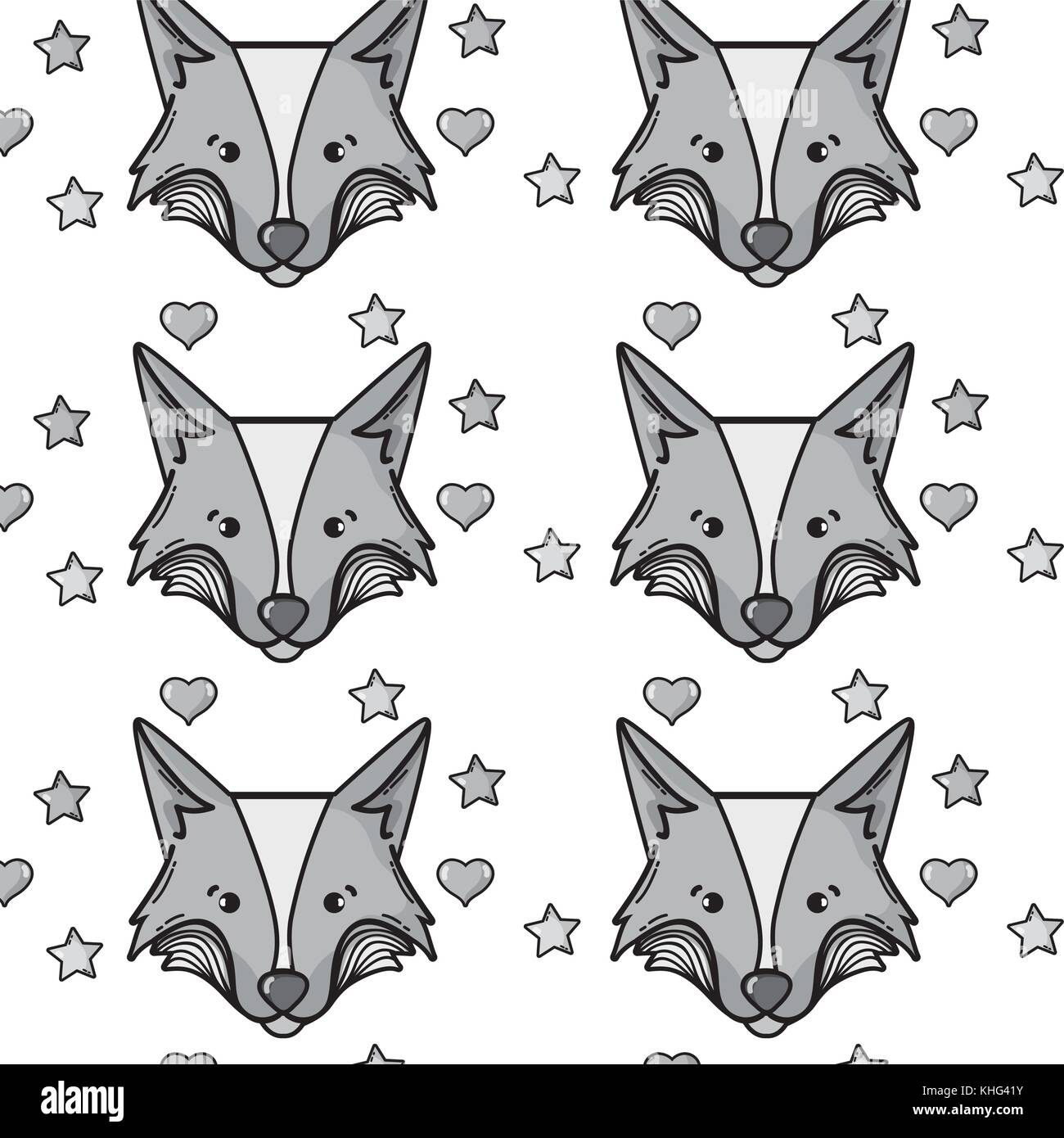 grayscale cute fox head animal with stars ans hearts background vector ...