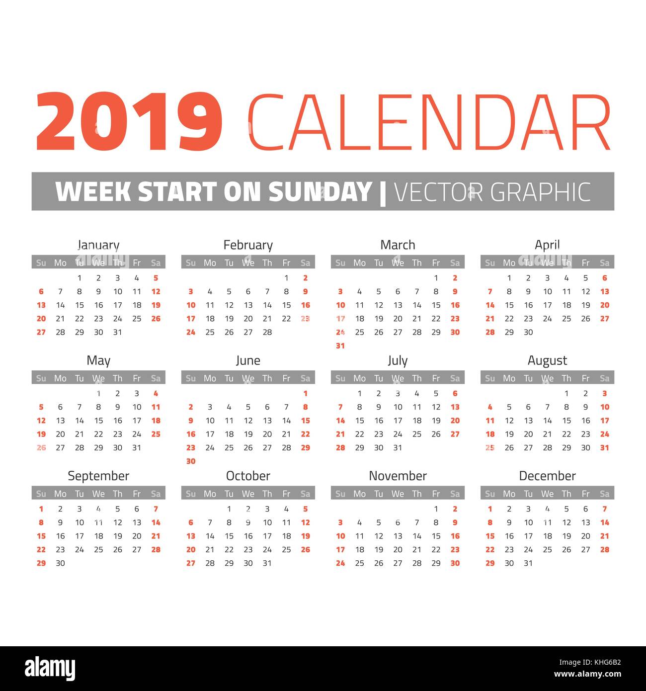 Simple 2019 year calendar Stock Vector Image & Art - Alamy