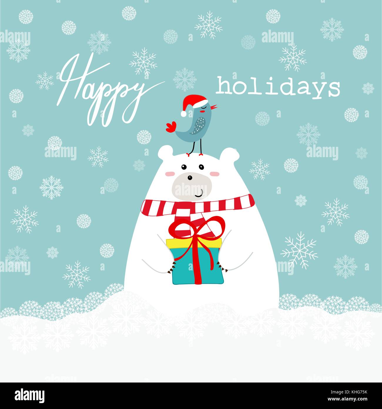 Hand drawn cute polar bear holding gift box kawaii bird in santa clause ...