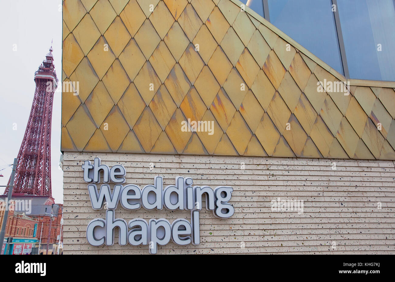 England, Lancashire, Blackpool, Seafront promenade with Wedding Chapel ...