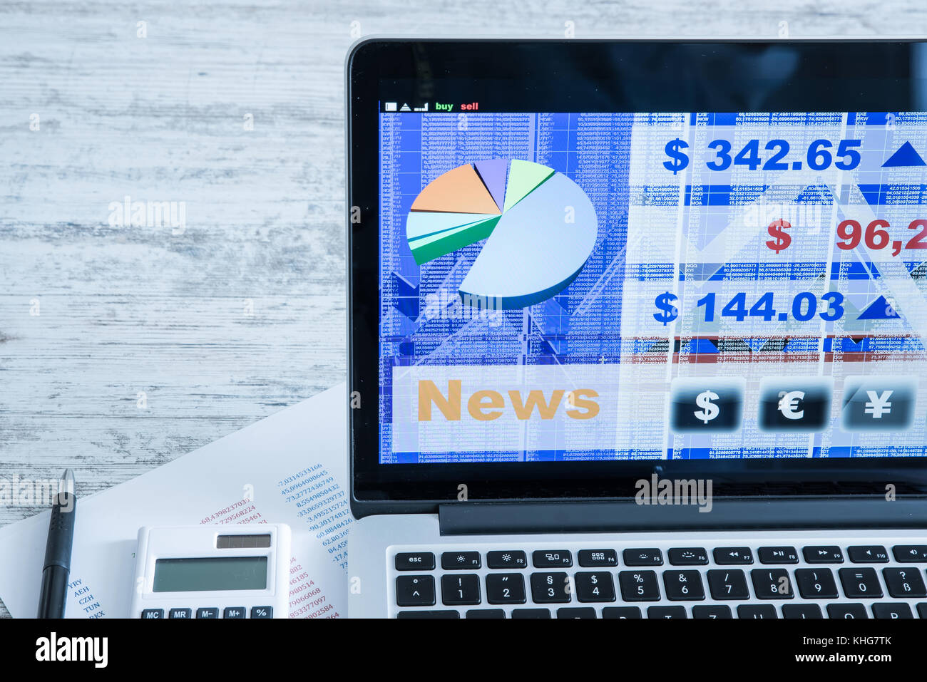 Stock market calculations with a calculator and research software on a ...