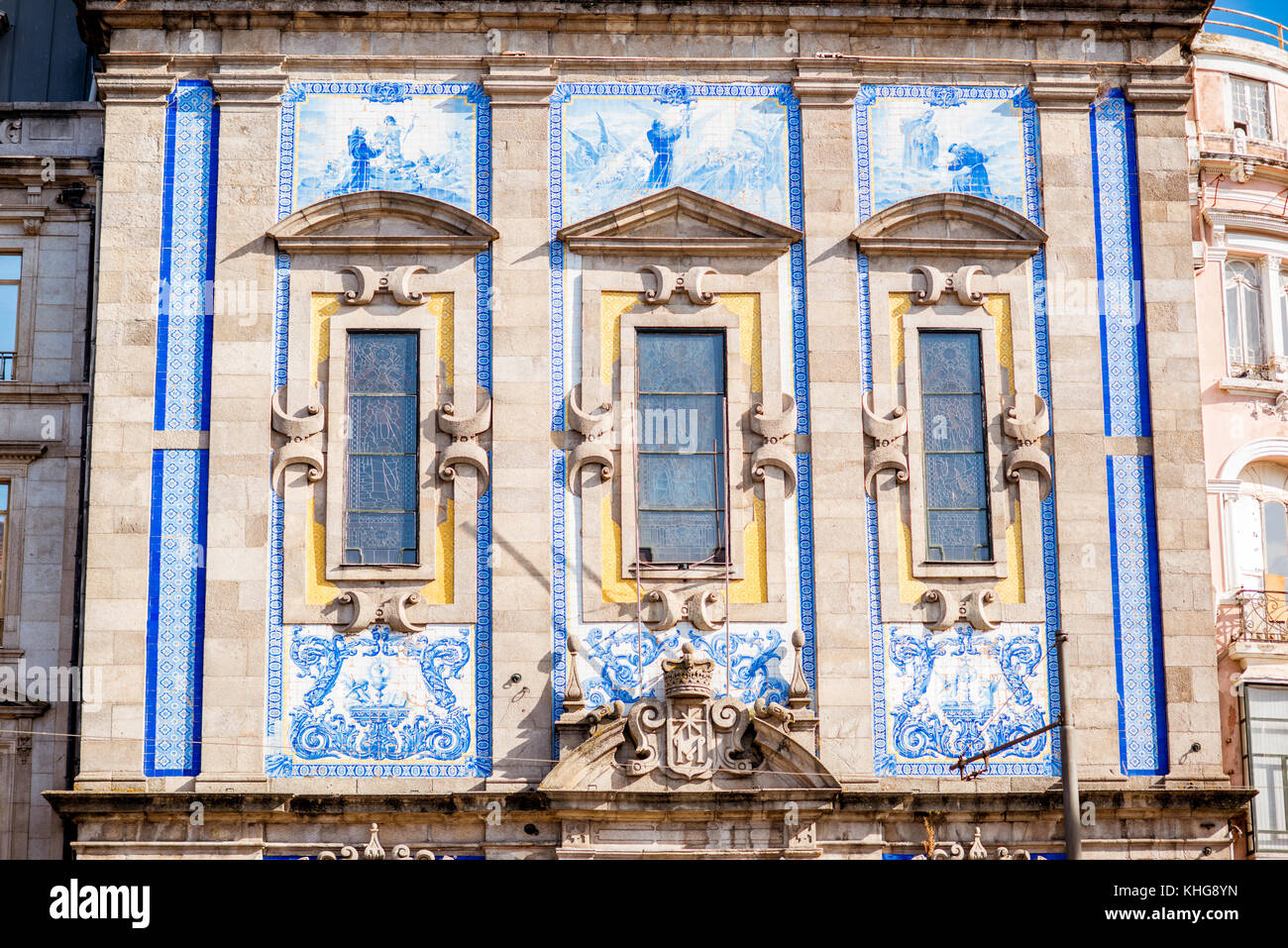 View on the facade with beautiful blue tiles of Congregados church in ...