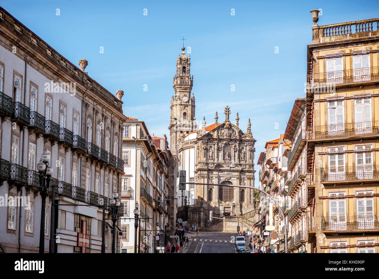Street view with Clerics church during the sunny day in Porto city ...