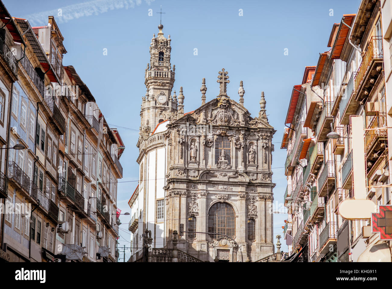 Street view with Clerics church during the sunny day in Porto city ...