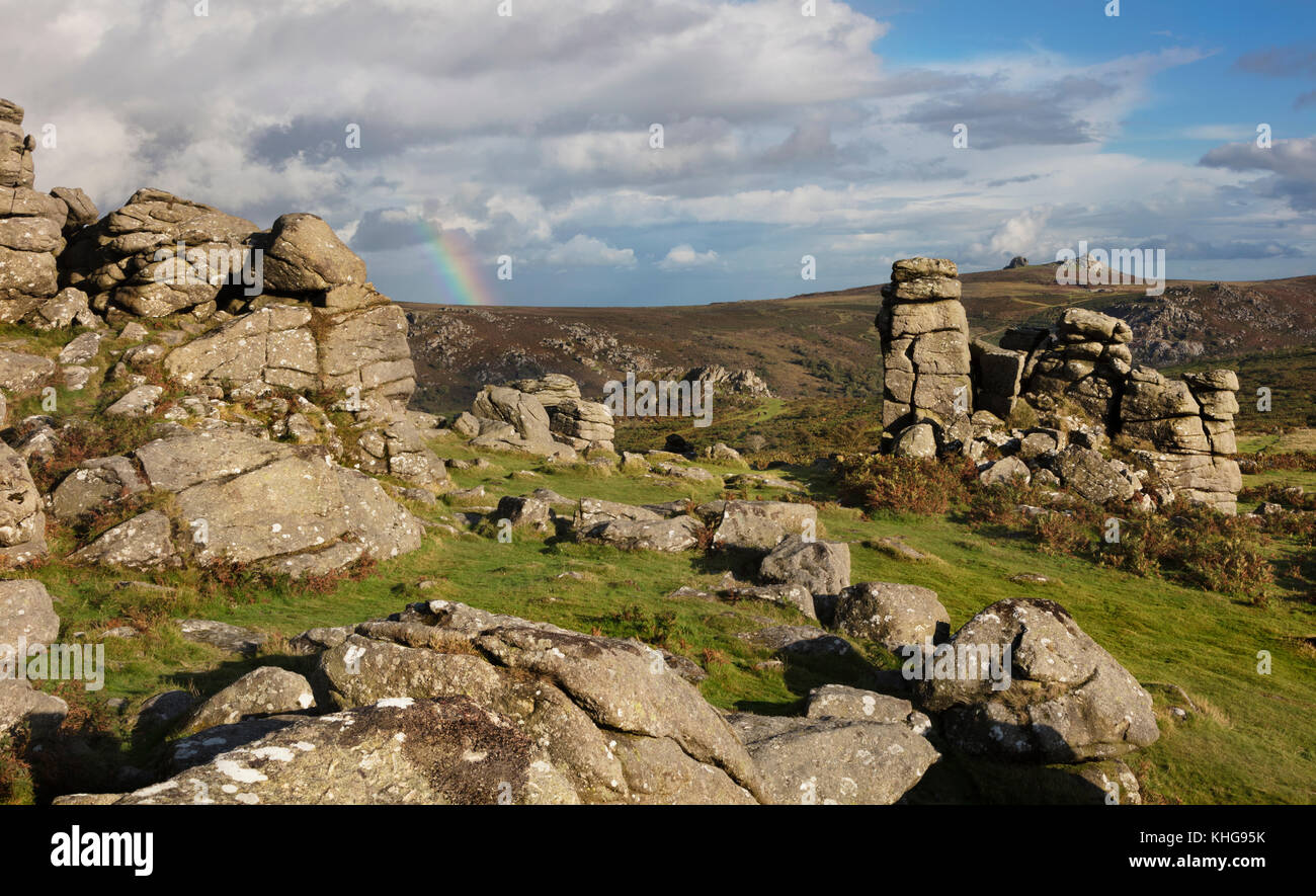 View from Hound Tor to Haytor in Dartmoor National Park with rainbow ...