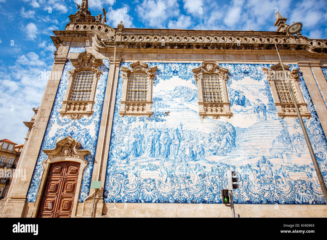 Facade view on the church wall with famous poruguese blue tiles Azulejo ...