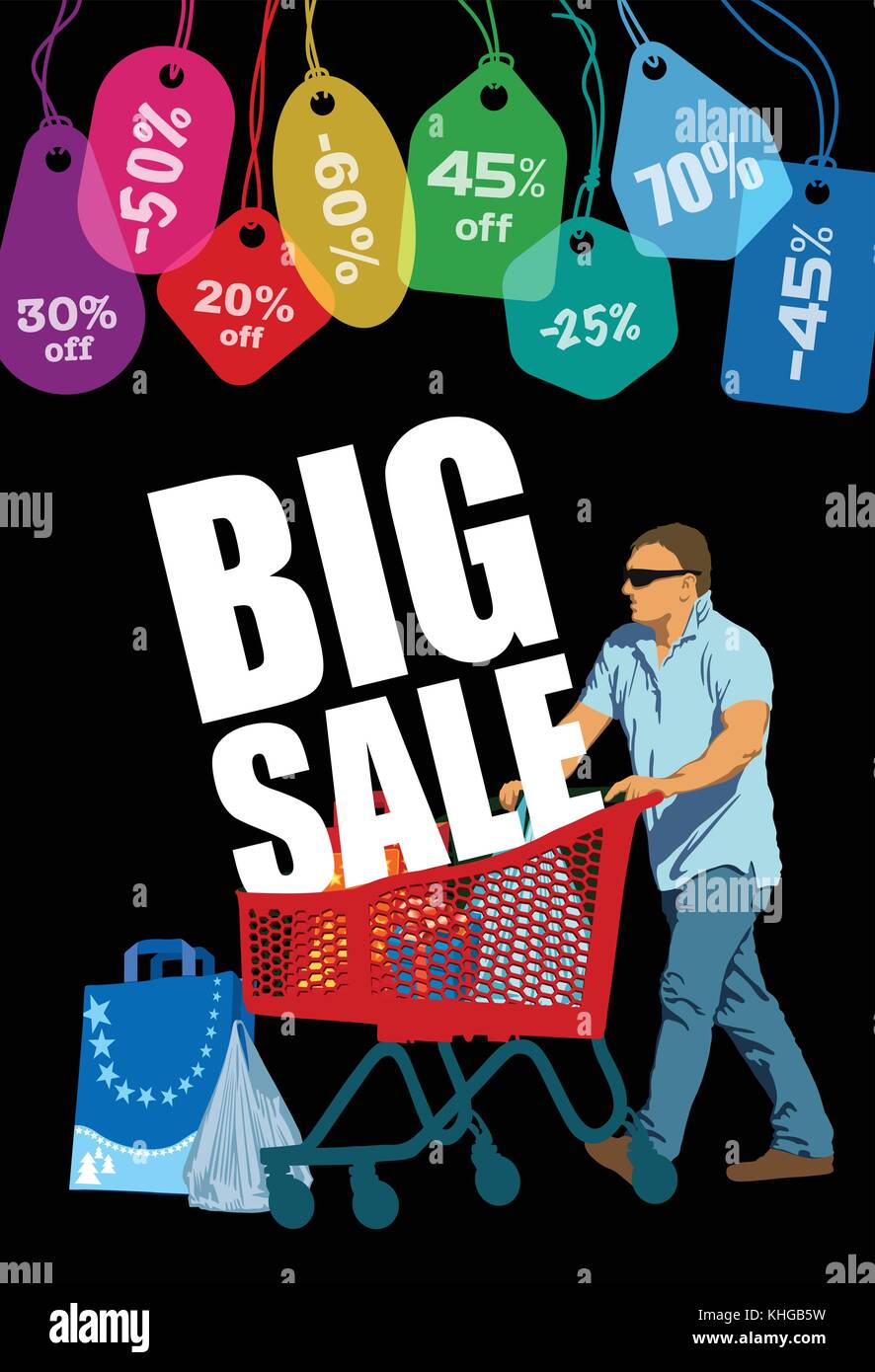 Big Sale. Creative colorful poster with man on shopping and colorful ...