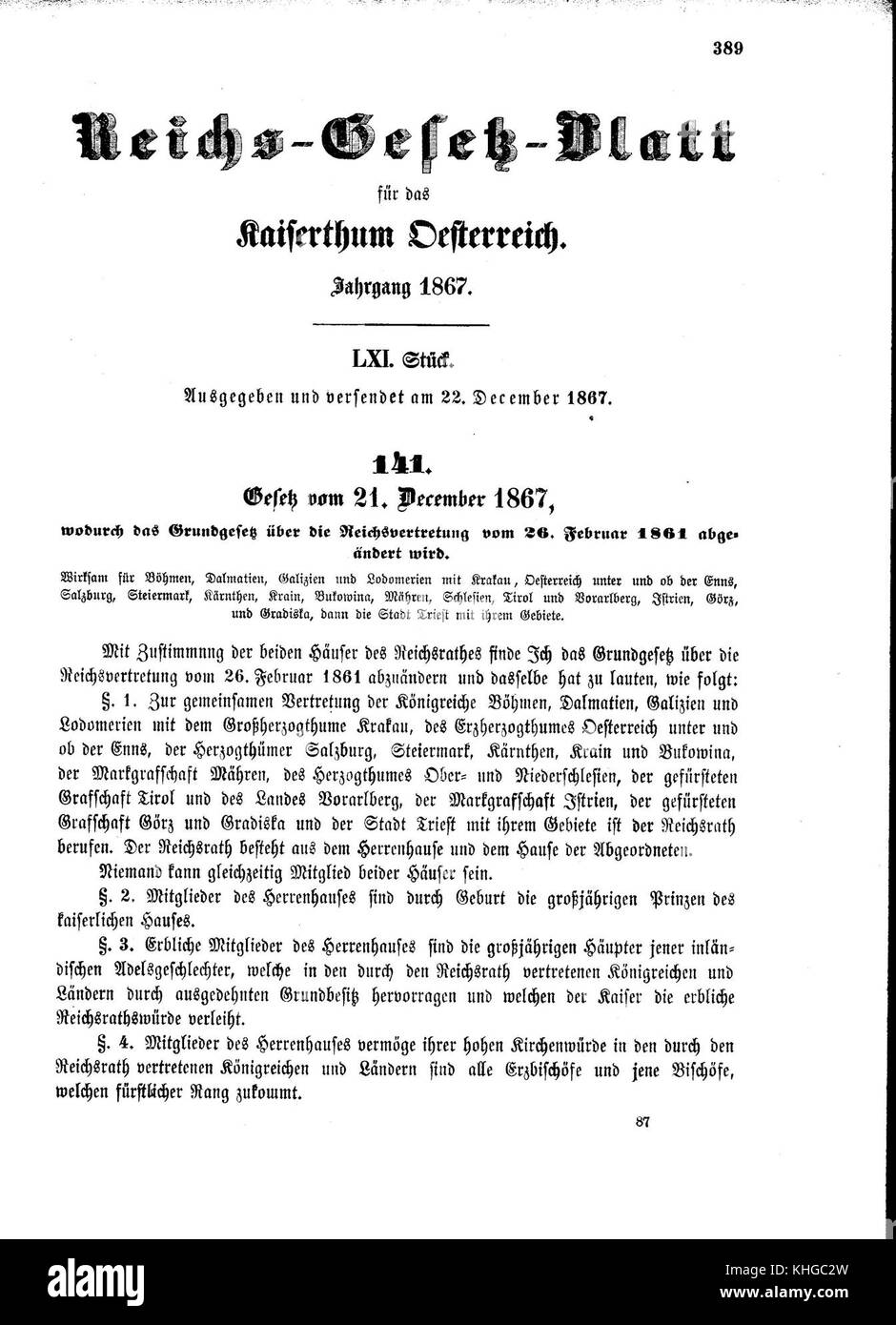 Reichsgesetzblatt (Austria) 1867 0389 Stock Photo - Alamy