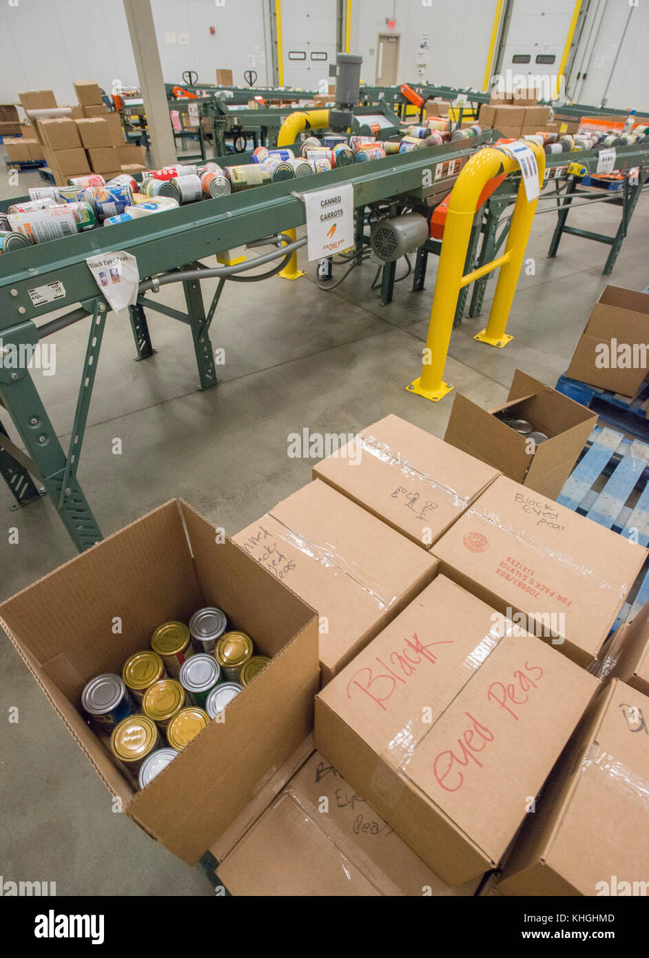 Sorting equipment and sorted canned goods at Capitol Area Food Bank in ...