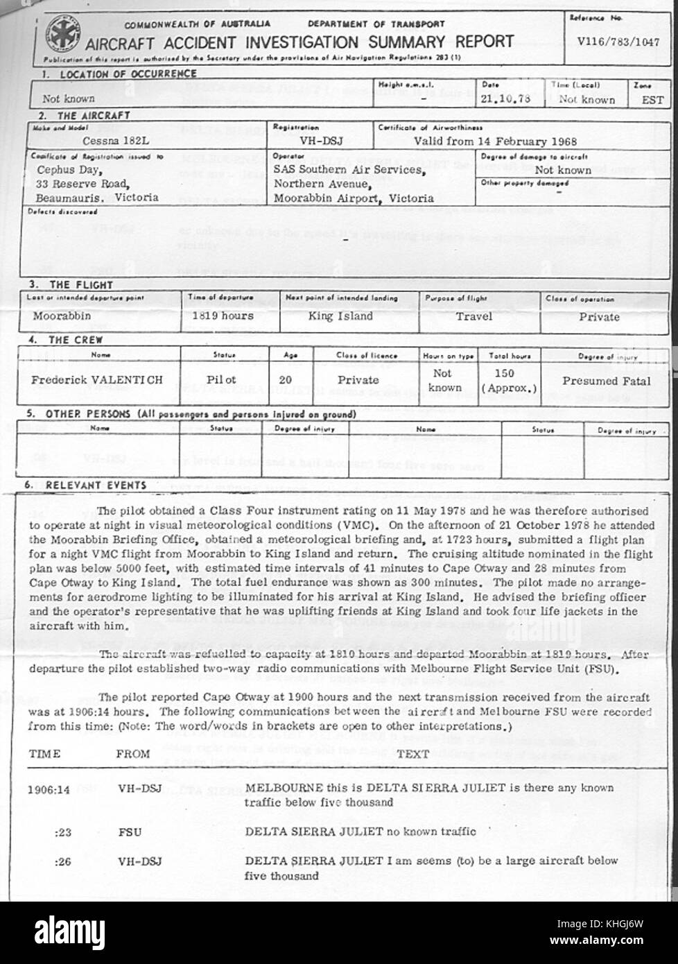 A reference to the Valentich Disappearance, an unexplained aviation ...