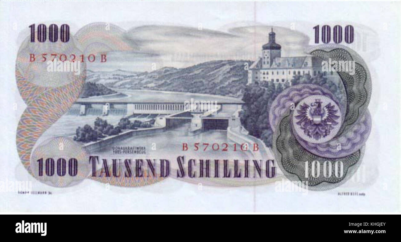 This image shows the reverse side of a 1000 Schilling banknote from ...