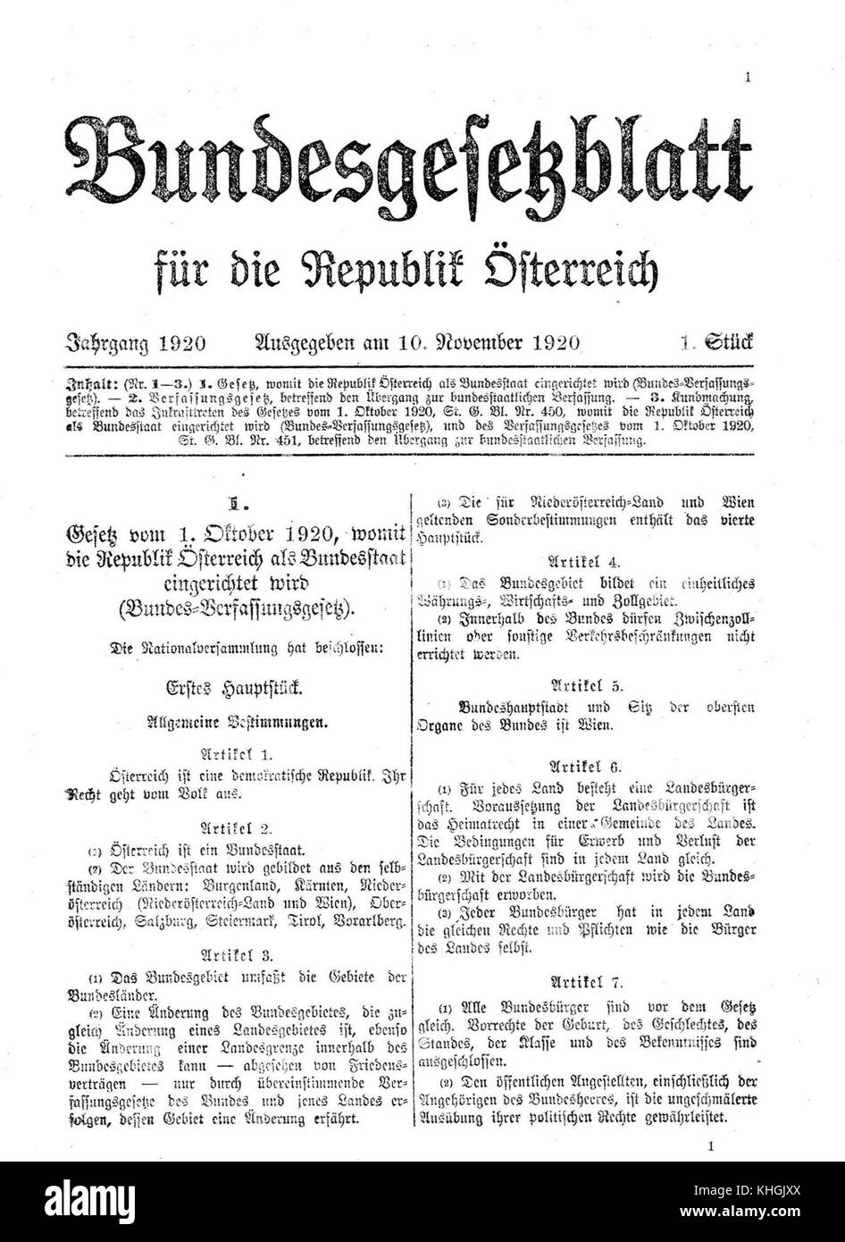 Bundesgesetzblatt (Austria) 1920 0001 Stock Photo - Alamy
