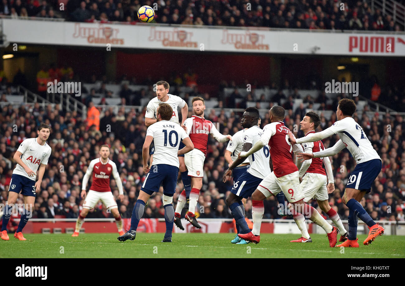 Shkodran Mustafi of Arsenal scores the opening goal of the game ARSENAL ...
