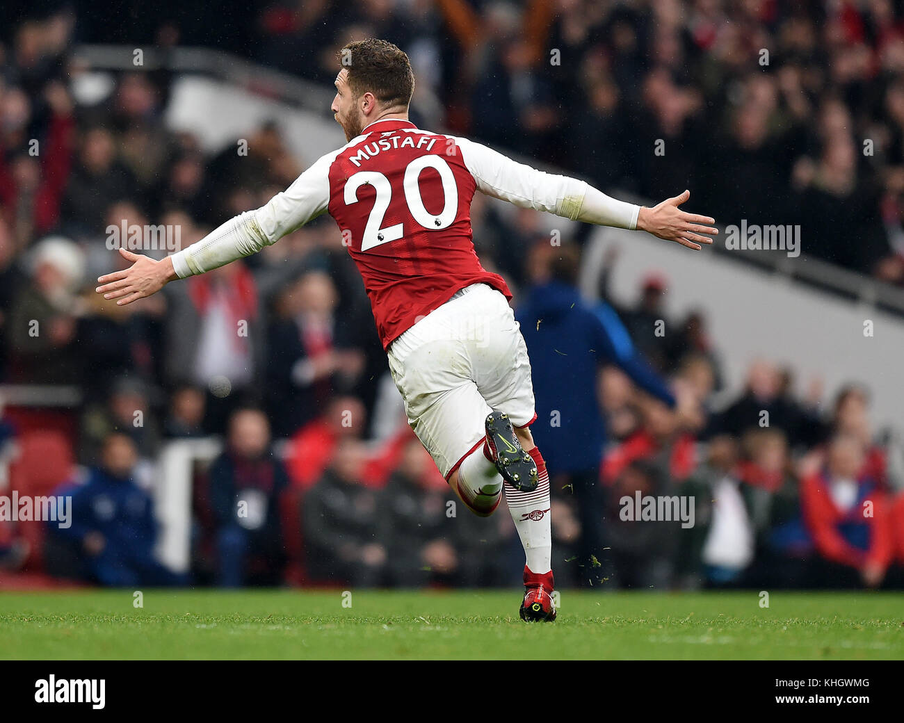 Shkodran Mustafi of Arsenal celebrates scoring the opening goal of the ...