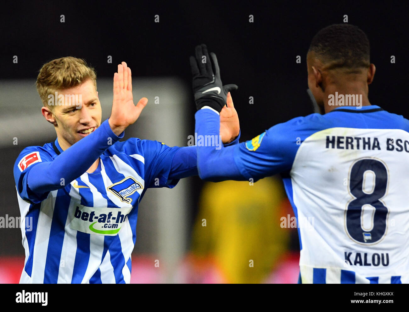 Berlin's Mitchell Weiser celebrates his 2-4 goal with Salomon Kalou ...