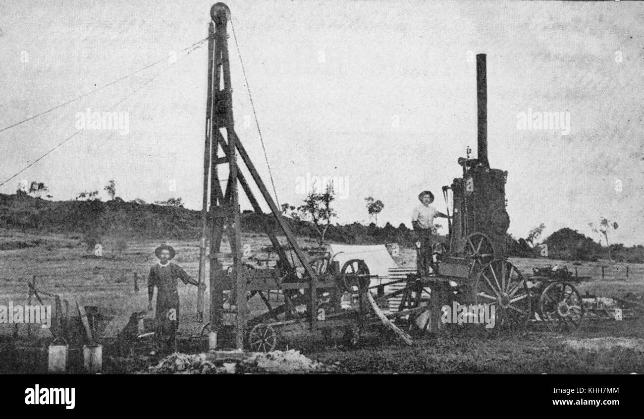 A historical photograph from 1908 showing sub artesian well borers ...