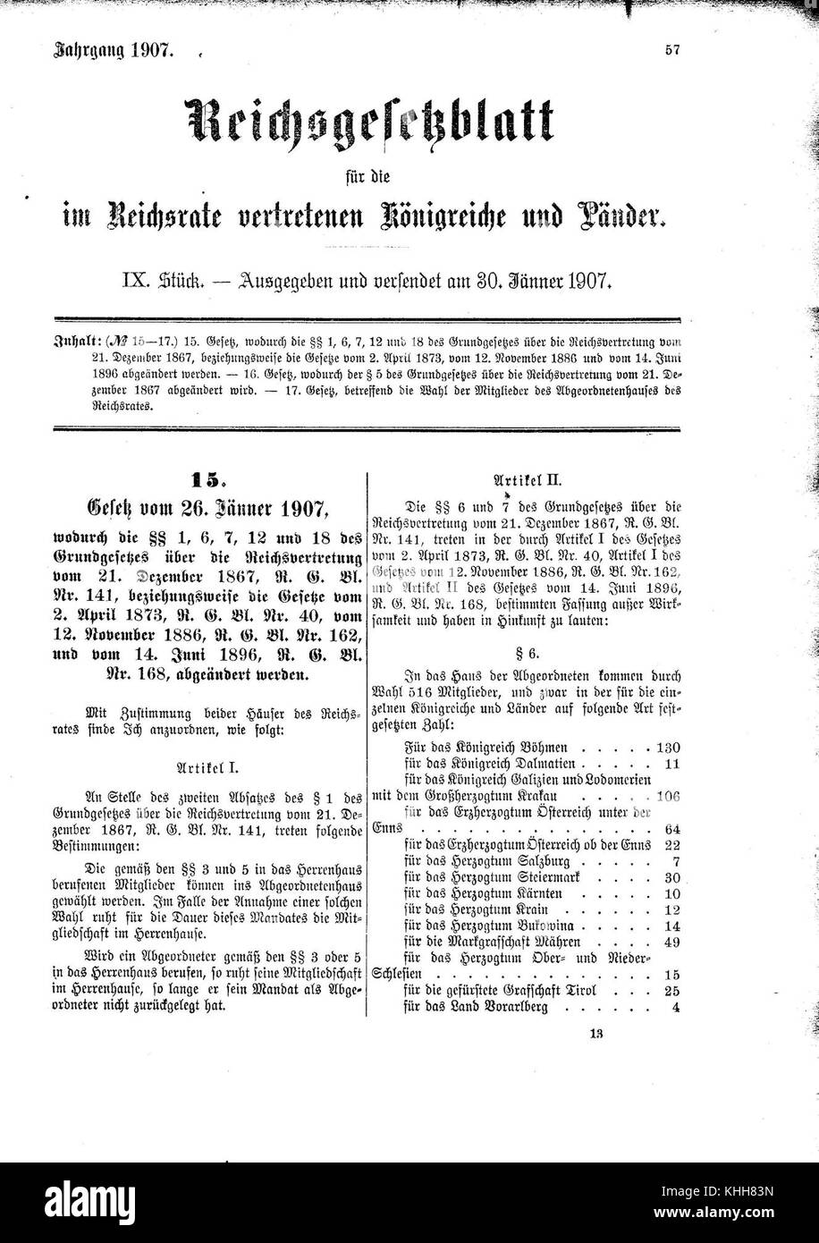 Reichsgesetzblatt (Austria) 1907 0057 Stock Photo - Alamy