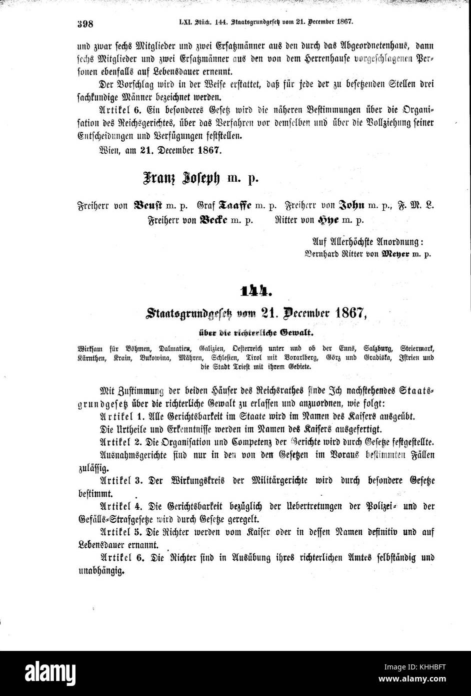 Reichsgesetzblatt (Austria) 1867 0398 Stock Photo - Alamy